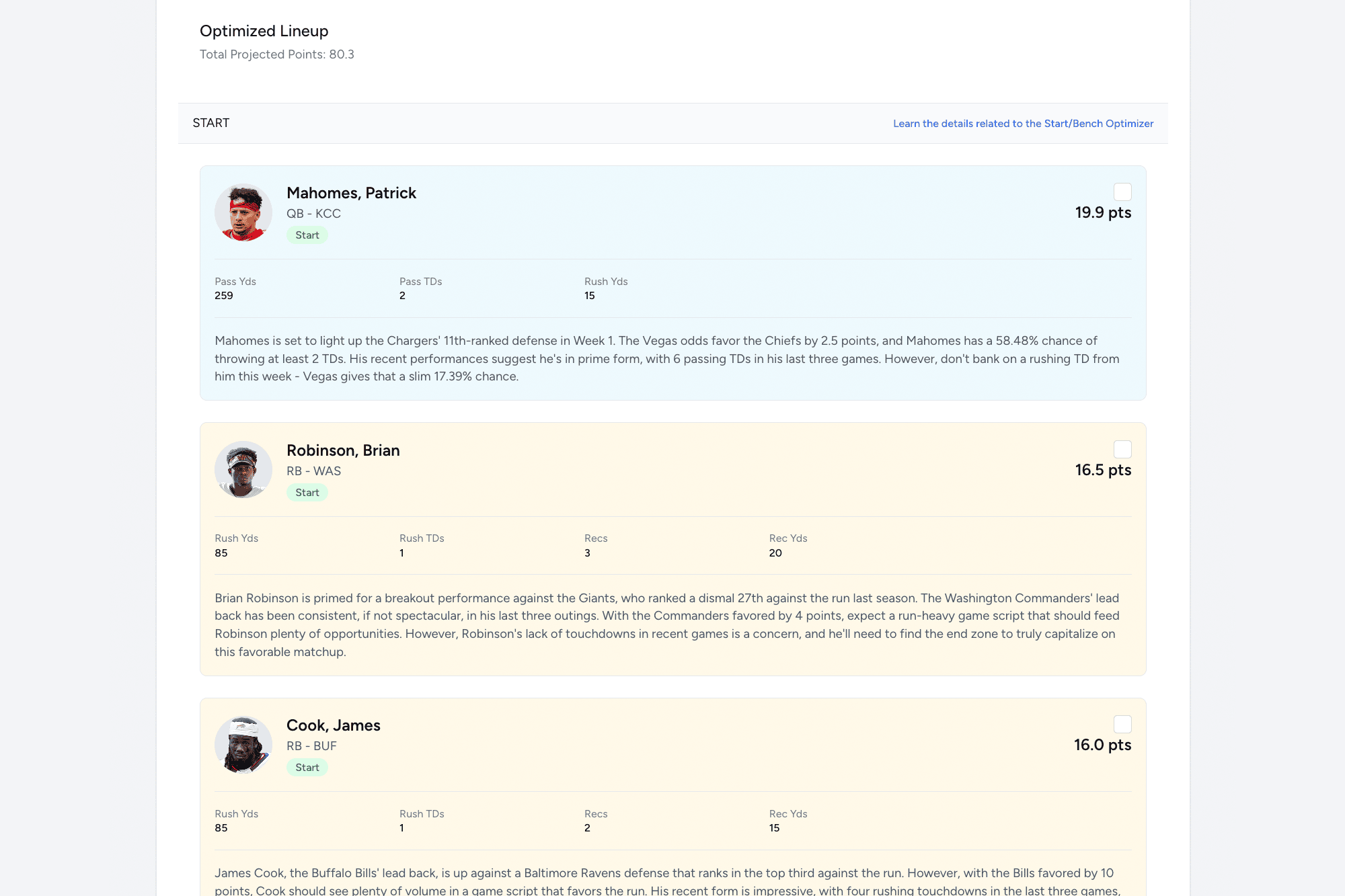 Fantasy Football Start Sit Advice - Start Bench Tool