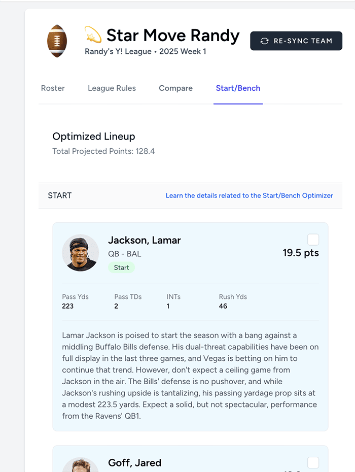 Fantasy Football Start Sit Advice - Start Bench Tool
